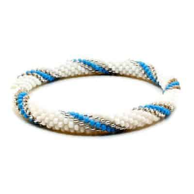 Blue and Silver Beads on White Base Nepal Bracelet. – LiftedHope Nepal ...